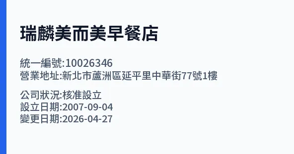 瑞麟美而美早餐店的照片-統編 10026346(新北市) 公司登記資料與營業項目詳細圖表