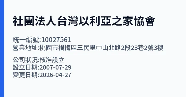 社團法人台灣以利亞之家協會的照片-統編 10027561(桃園市) 公司登記資料與營業項目詳細圖表