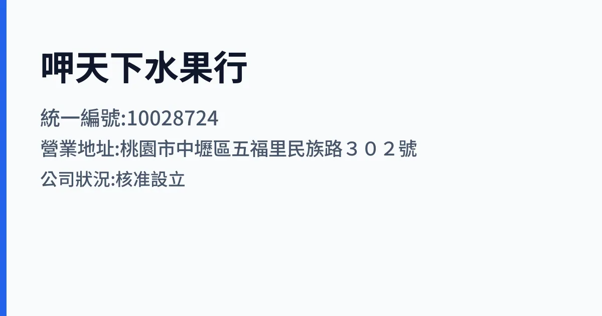 呷天下水果行 - 統編 10028724(桃園市) 公司登記資料與營業項目詳細圖表