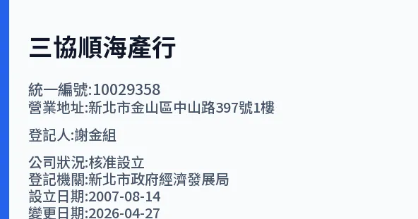 三協順海產行的照片-統編 10029358(新北市) 公司登記資料與營業項目詳細圖表