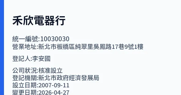 禾欣電器行的照片-統編 10030030(新北市) 公司登記資料與營業項目詳細圖表