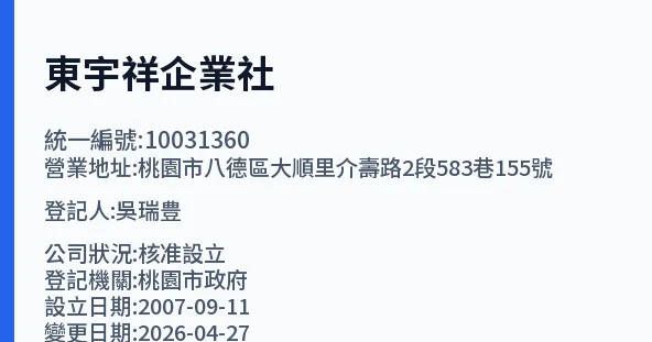 東宇祥企業社的照片-統編 10031360(桃園市) 公司登記資料與營業項目詳細圖表