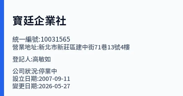 寶廷企業社的照片-統編 10031565(新北市) 公司登記資料與營業項目詳細圖表