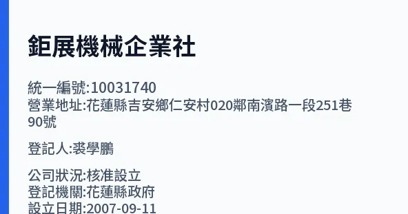 鉅展機械企業社的照片-統編 10031740(花蓮縣) 公司登記資料與營業項目詳細圖表