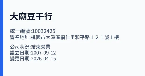 大廟豆干行的照片-統編 10032425(桃園市) 公司登記資料與營業項目詳細圖表