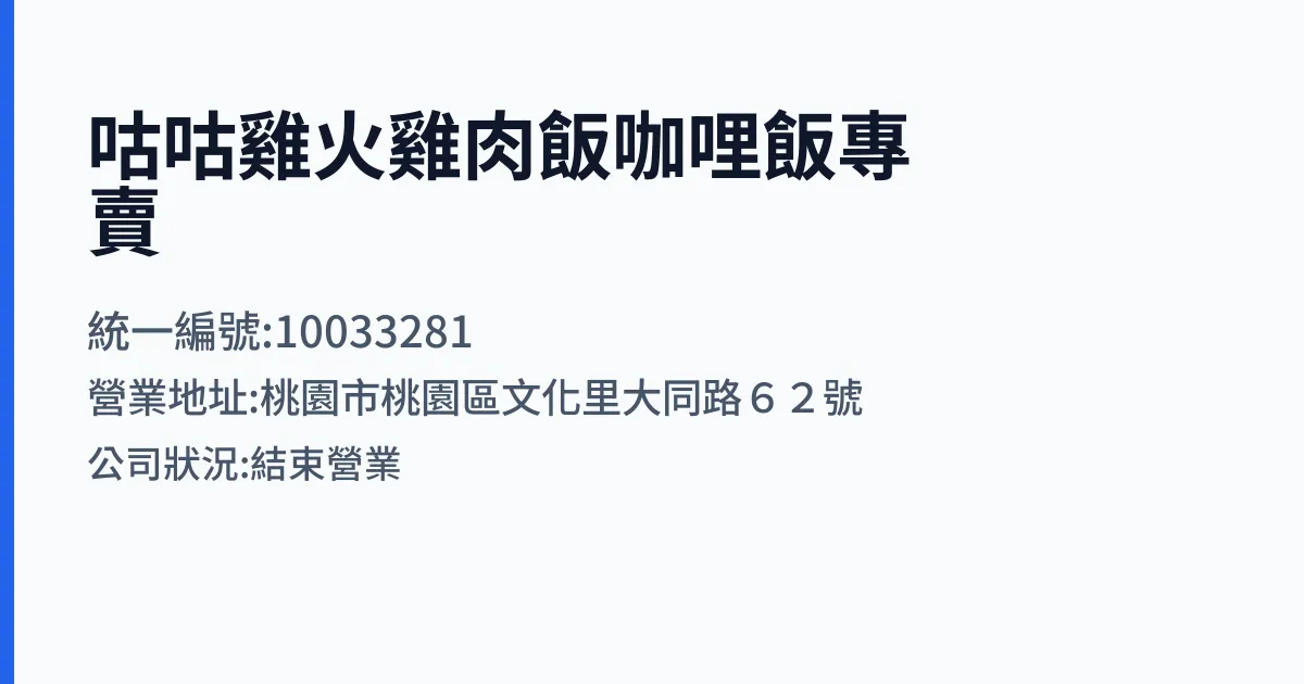 咕咕雞火雞肉飯咖哩飯專賣 - 統編 10033281(桃園市) 公司登記資料與營業項目詳細圖表