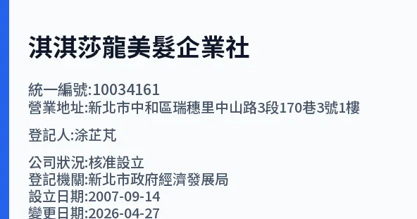 淇淇莎龍美髮企業社的照片-統編 10034161(新北市) 公司登記資料與營業項目詳細圖表