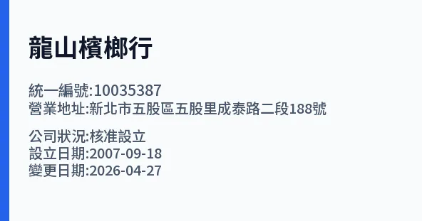 龍山檳榔行的照片-統編 10035387(新北市) 公司登記資料與營業項目詳細圖表