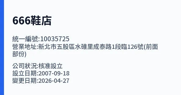 666鞋店的照片-統編 10035725(新北市) 公司登記資料與營業項目詳細圖表