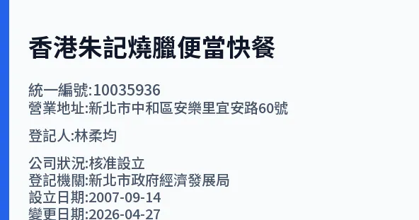 香港朱記燒臘便當快餐的照片-統編 10035936(新北市) 公司登記資料與營業項目詳細圖表