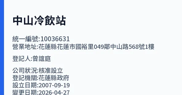 中山冷飲站的照片-統編 10036631(花蓮縣) 公司登記資料與營業項目詳細圖表
