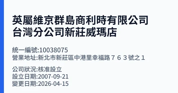 英屬維京群島商利時有限公司台灣分公司新莊威瑪店的照片-統編 10038075(新北市) 公司登記資料與營業項目詳細圖表