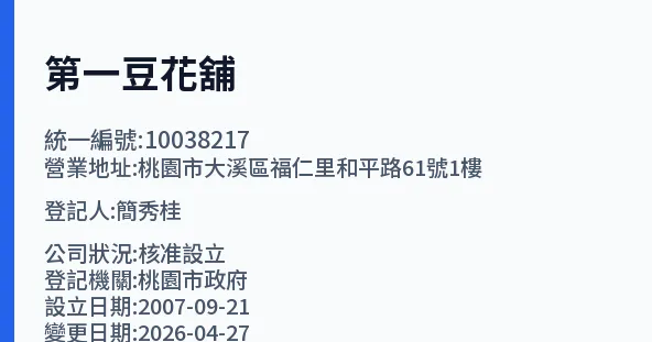 第一豆花舖的照片-統編 10038217(桃園市) 公司登記資料與營業項目詳細圖表