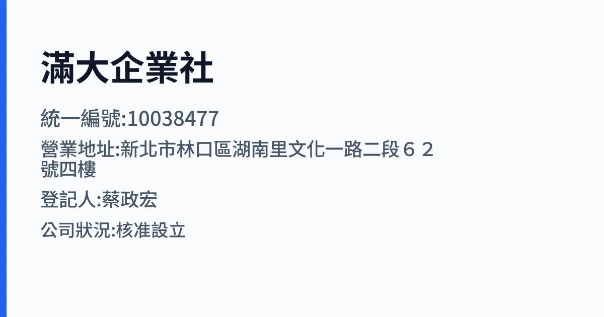 滿大企業社 - 統編 10038477(新北市) 公司登記資料與營業項目詳細圖表