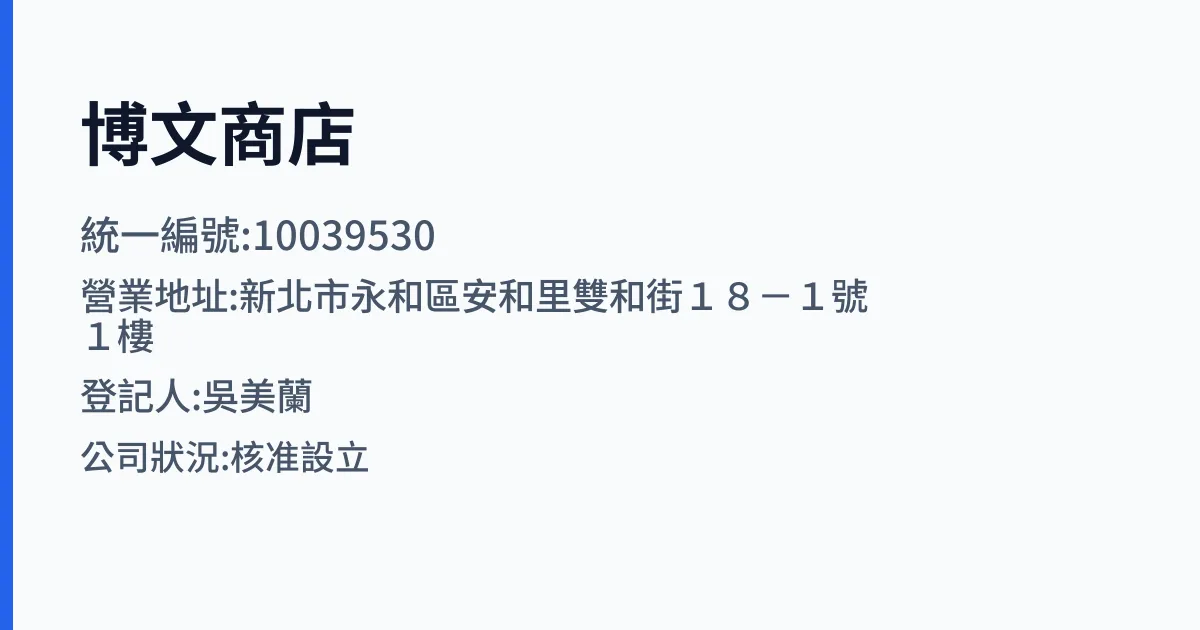 博文商店 - 統編 10039530(新北市) 公司登記資料與營業項目詳細圖表
