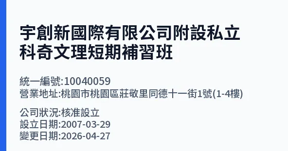 宇創新國際有限公司附設私立科奇文理短期補習班的照片-統編 10040059(桃園市) 公司登記資料與營業項目詳細圖表