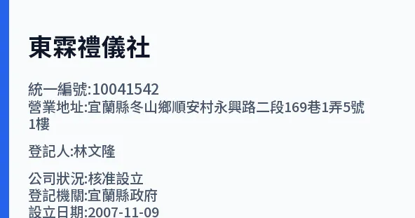 東霖禮儀社的照片-統編 10041542(宜蘭縣) 公司登記資料與營業項目詳細圖表