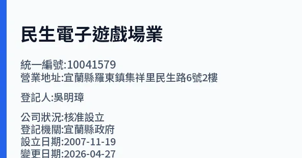 民生電子遊戲場業的照片-統編 10041579(宜蘭縣) 公司登記資料與營業項目詳細圖表