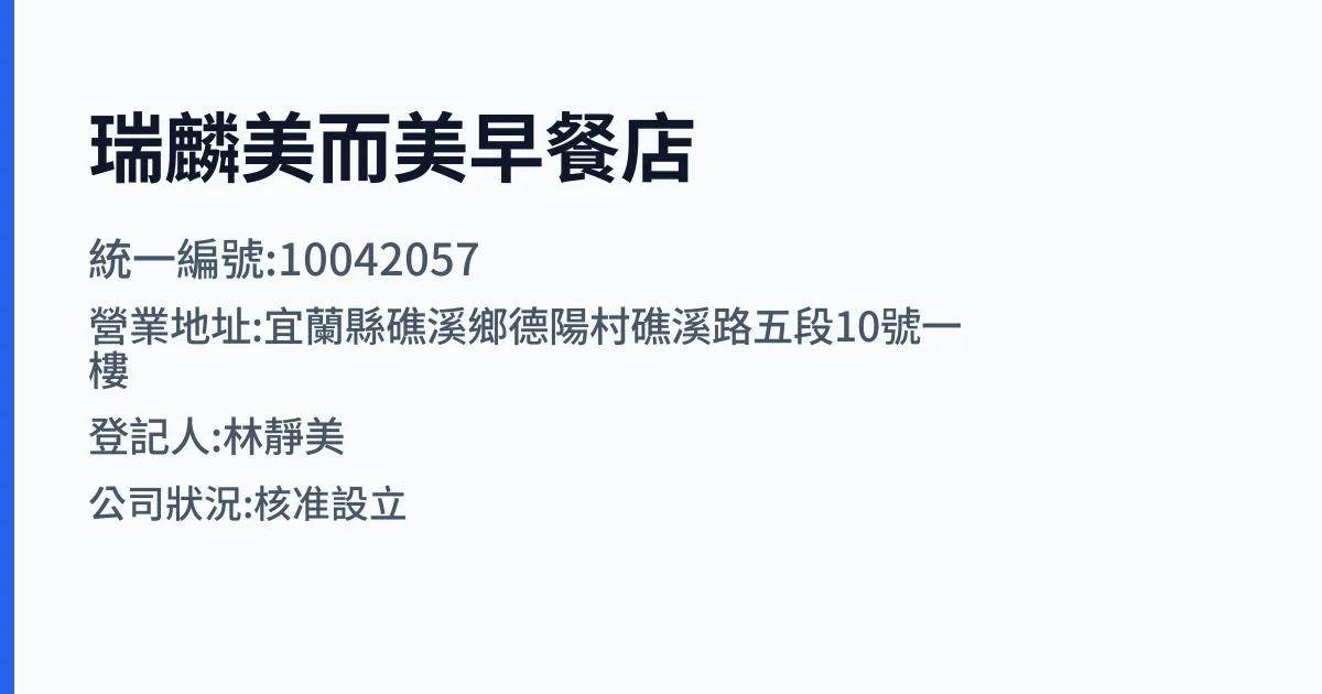 瑞麟美而美早餐店 - 統編 10042057(宜蘭縣) 公司登記資料與營業項目詳細圖表