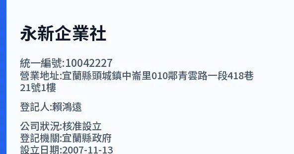 永新企業社的照片-統編 10042227(宜蘭縣) 公司登記資料與營業項目詳細圖表