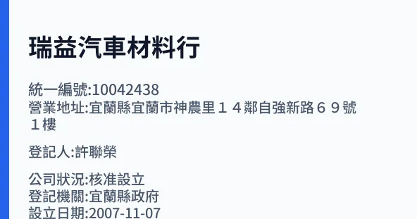 瑞益汽車材料行的照片-統編 10042438(宜蘭縣) 公司登記資料與營業項目詳細圖表