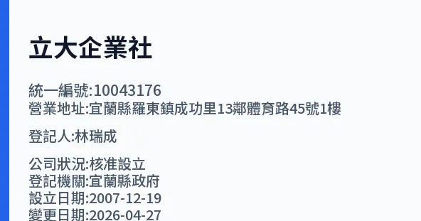 立大企業社的照片-統編 10043176(宜蘭縣) 公司登記資料與營業項目詳細圖表