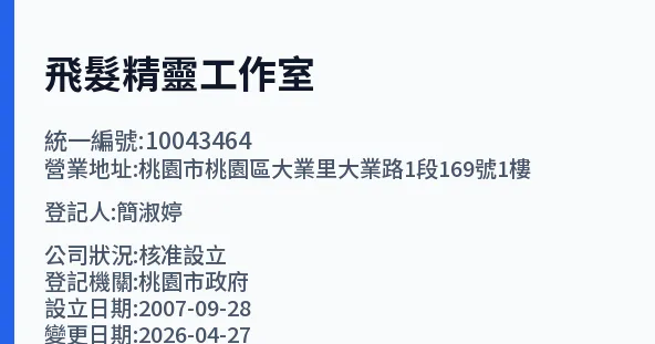 飛髮精靈工作室的照片-統編 10043464(桃園市) 公司登記資料與營業項目詳細圖表