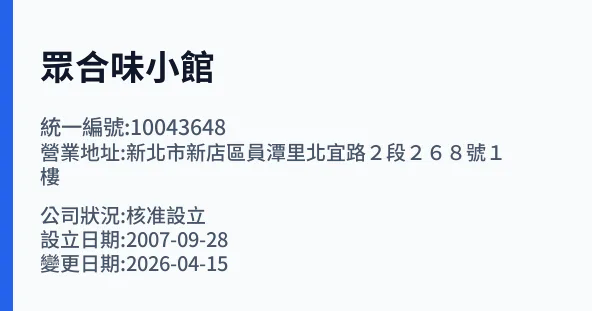 眾合味小館的照片-統編 10043648(新北市) 公司登記資料與營業項目詳細圖表