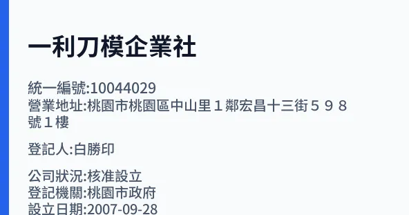 一利刀模企業社的照片-統編 10044029(桃園市) 公司登記資料與營業項目詳細圖表