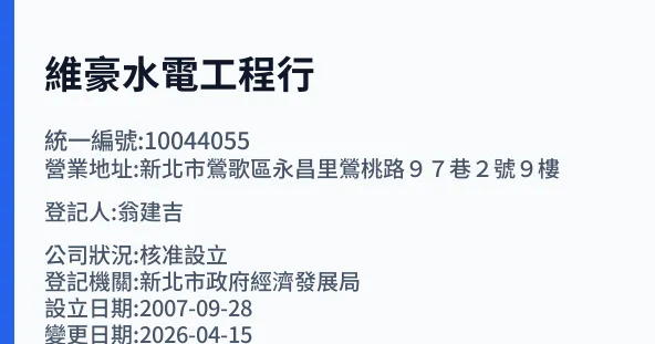 維豪水電工程行的照片-統編 10044055(新北市) 公司登記資料與營業項目詳細圖表