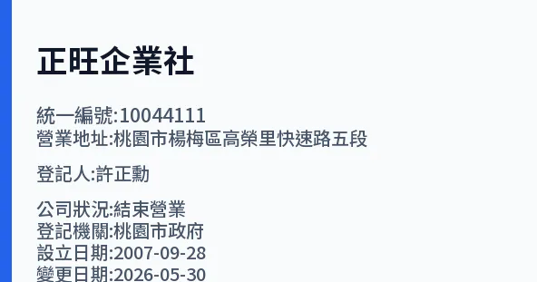 正旺企業社的照片-統編 10044111(桃園市) 公司登記資料與營業項目詳細圖表