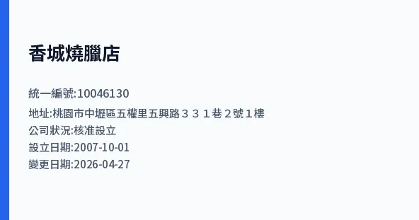 香城燒臘店的照片-統編 10046130(桃園市) 公司登記資料與營業項目詳細圖表