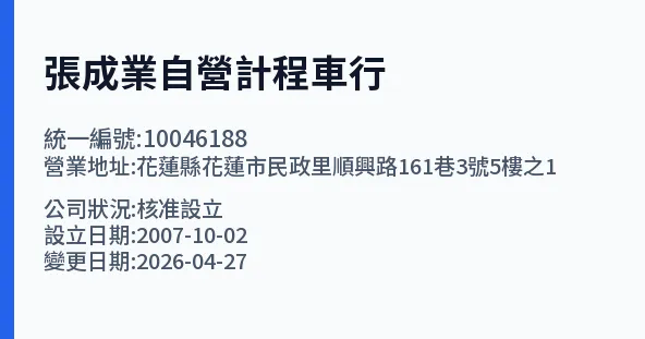 張成業自營計程車行的照片-統編 10046188(花蓮縣) 公司登記資料與營業項目詳細圖表