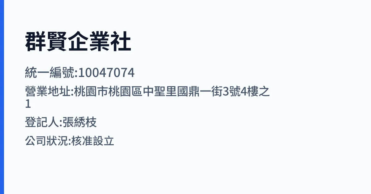 群賢企業社 - 統編 10047074(桃園市) 公司登記資料與營業項目詳細圖表