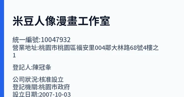 米豆人像漫畫工作室的照片-統編 10047932(桃園市) 公司登記資料與營業項目詳細圖表