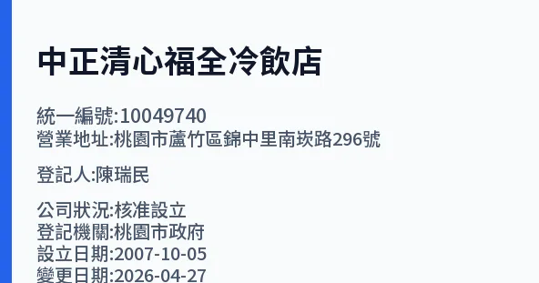 中正清心福全冷飲店的照片-統編 10049740(桃園市) 公司登記資料與營業項目詳細圖表