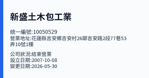 新盛土木包工業的照片-統編 10050529(花蓮縣) 公司登記資料與營業項目詳細圖表