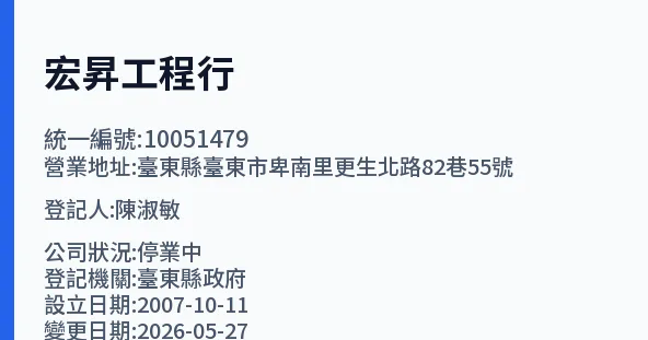 宏昇工程行的照片-統編 10051479(臺東縣) 公司登記資料與營業項目詳細圖表