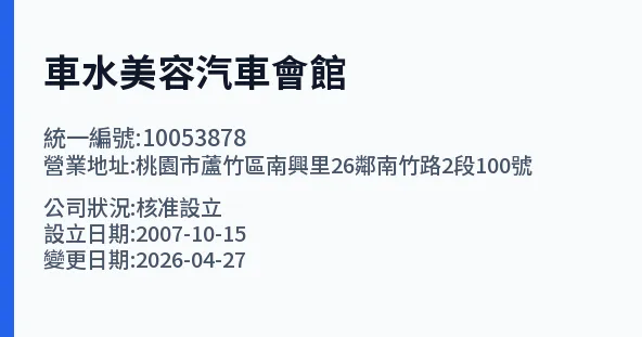 車水美容汽車會館的照片-統編 10053878(桃園市) 公司登記資料與營業項目詳細圖表
