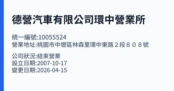 德營汽車有限公司環中營業所的照片-統編 10055524(桃園市) 公司登記資料與營業項目詳細圖表