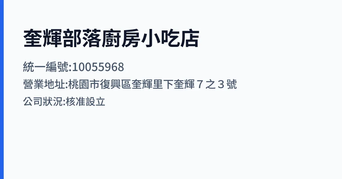 奎輝部落廚房小吃店 - 統編 10055968(桃園市) 公司登記資料與營業項目詳細圖表