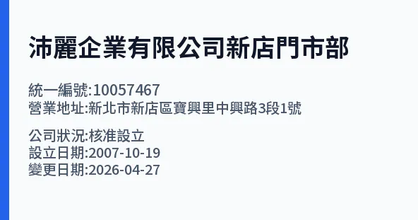 沛麗企業有限公司新店門市部的照片-統編 10057467(新北市) 公司登記資料與營業項目詳細圖表