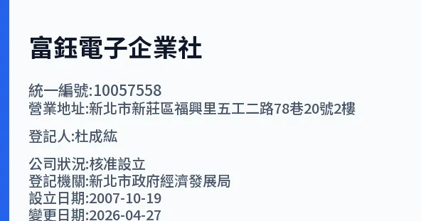 富鈺電子企業社的照片-統編 10057558(新北市) 公司登記資料與營業項目詳細圖表