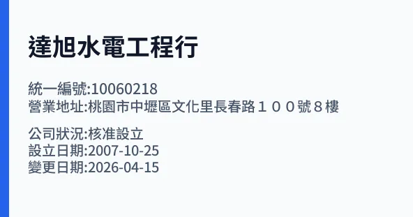 達旭水電工程行的照片-統編 10060218(桃園市) 公司登記資料與營業項目詳細圖表