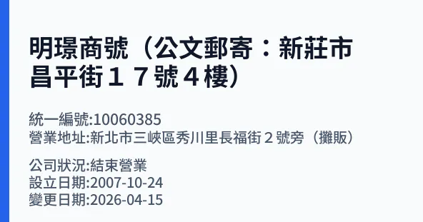 明璟商號（公文郵寄：新莊市昌平街１７號４樓）的照片-統編 10060385(新北市) 公司登記資料與營業項目詳細圖表