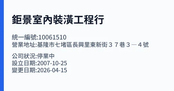 鉅景室內裝潢工程行的照片-統編 10061510(基隆市) 公司登記資料與營業項目詳細圖表