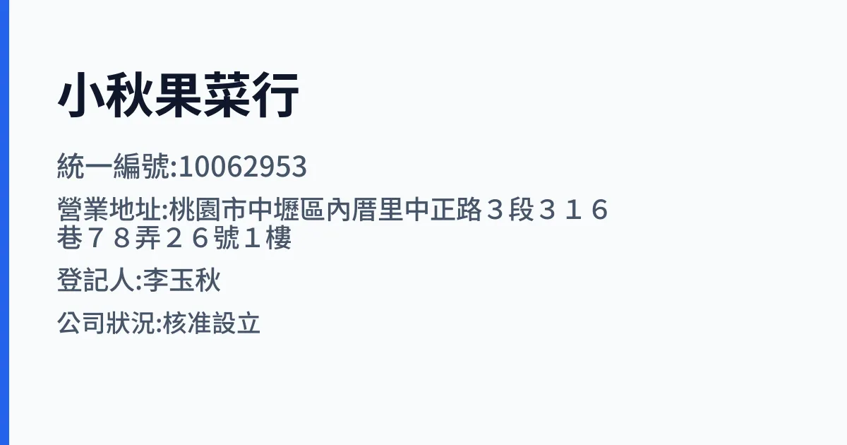 小秋果菜行 - 統編 10062953(桃園市) 公司登記資料與營業項目詳細圖表