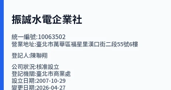 振誠水電企業社的照片-統編 10063502(臺北市) 公司登記資料與營業項目詳細圖表