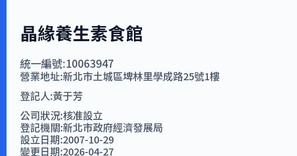 晶緣養生素食館的照片-統編 10063947(新北市) 公司登記資料與營業項目詳細圖表