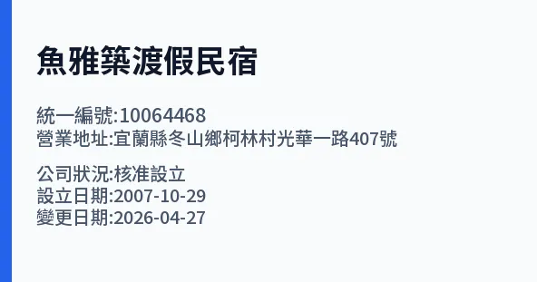 魚雅築渡假民宿的照片-統編 10064468(宜蘭縣) 公司登記資料與營業項目詳細圖表